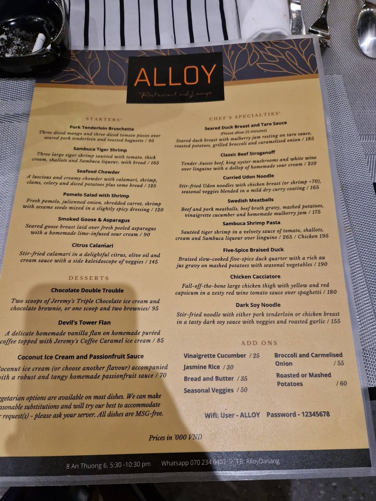 Menu at ALLOY restaurant, Hoi An
