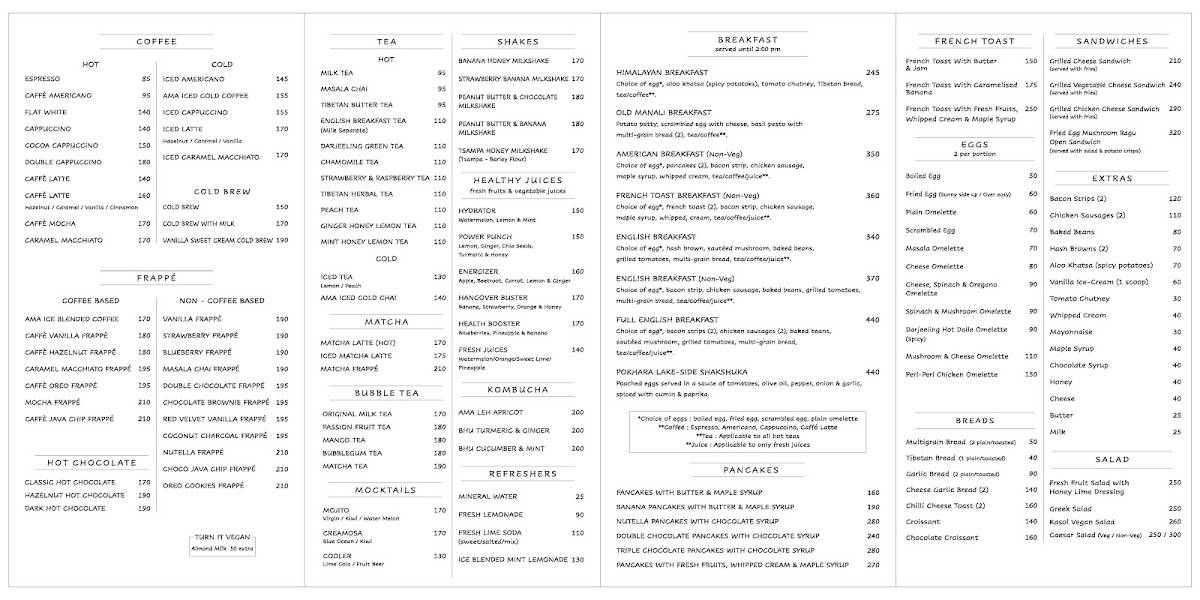 Menu at AMA Cafe, Dehradun