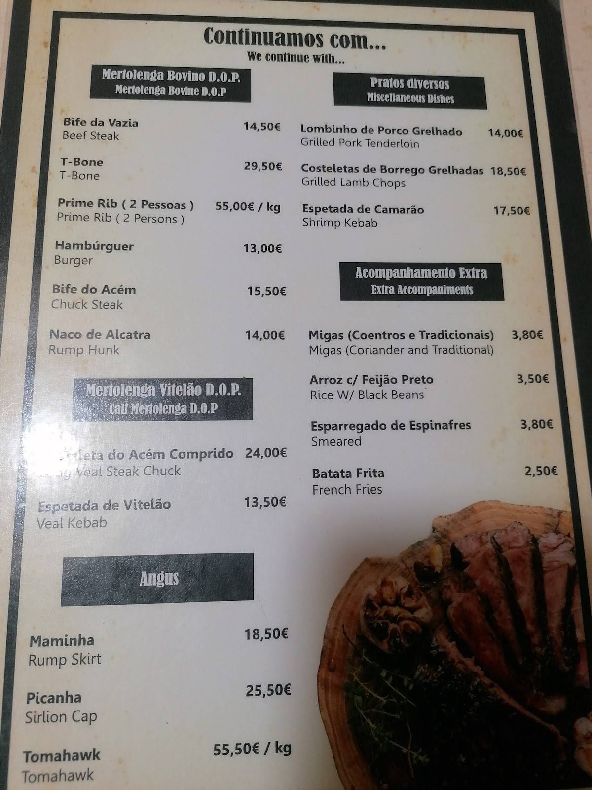Menu at André's restaurant, Moura