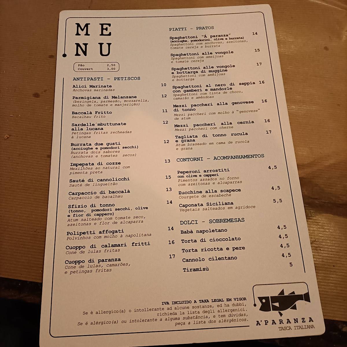 Menu at A'Paranza Tasca Italiana restaurant, Lisbon