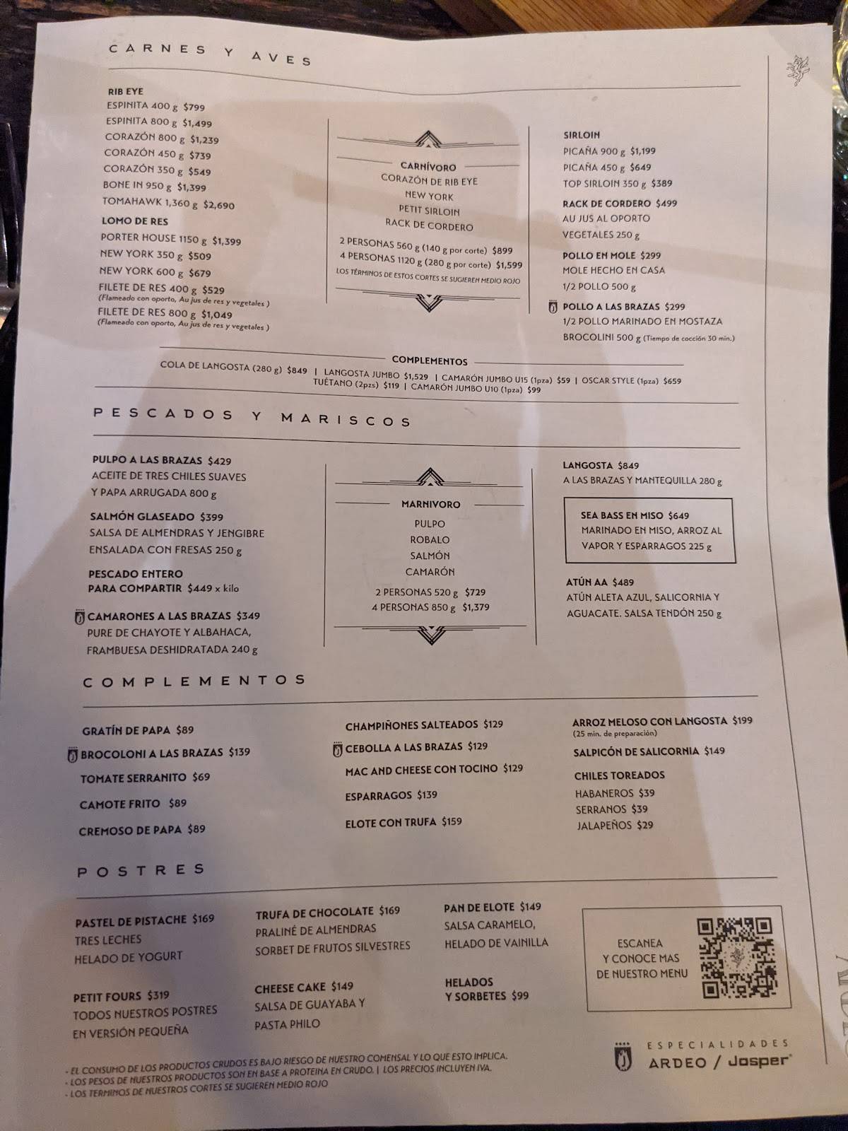 Menu at ARDEO restaurant, Ciudad Juarez