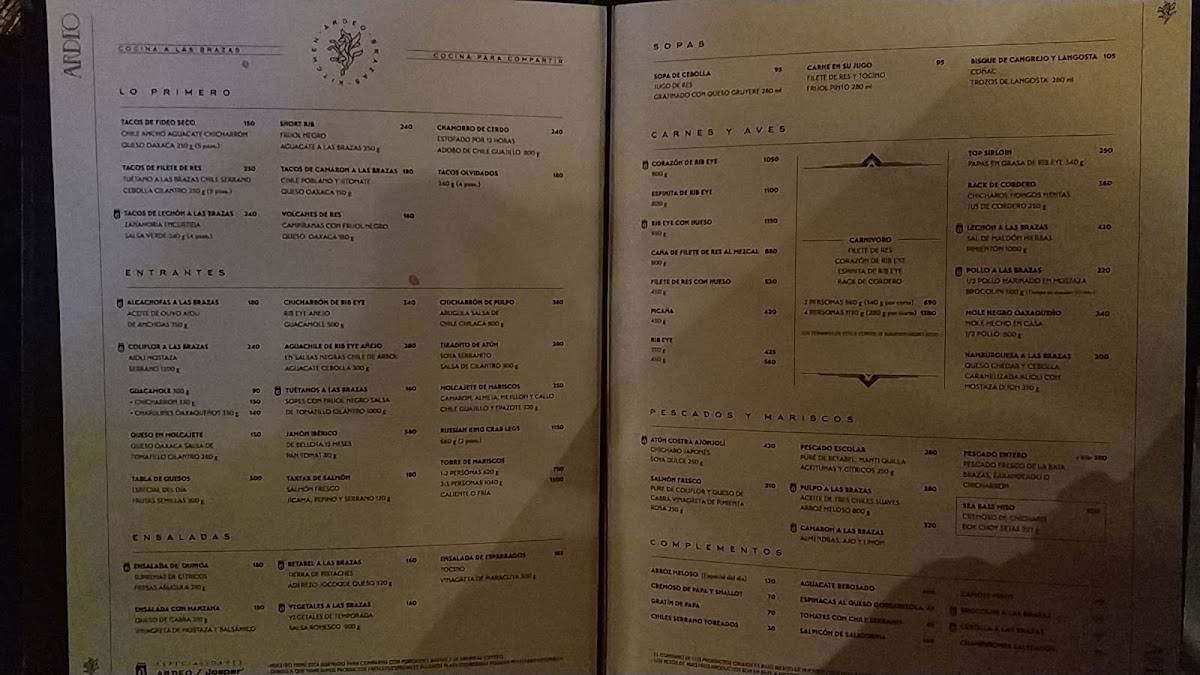 Menu at ARDEO restaurant, Ciudad Juarez