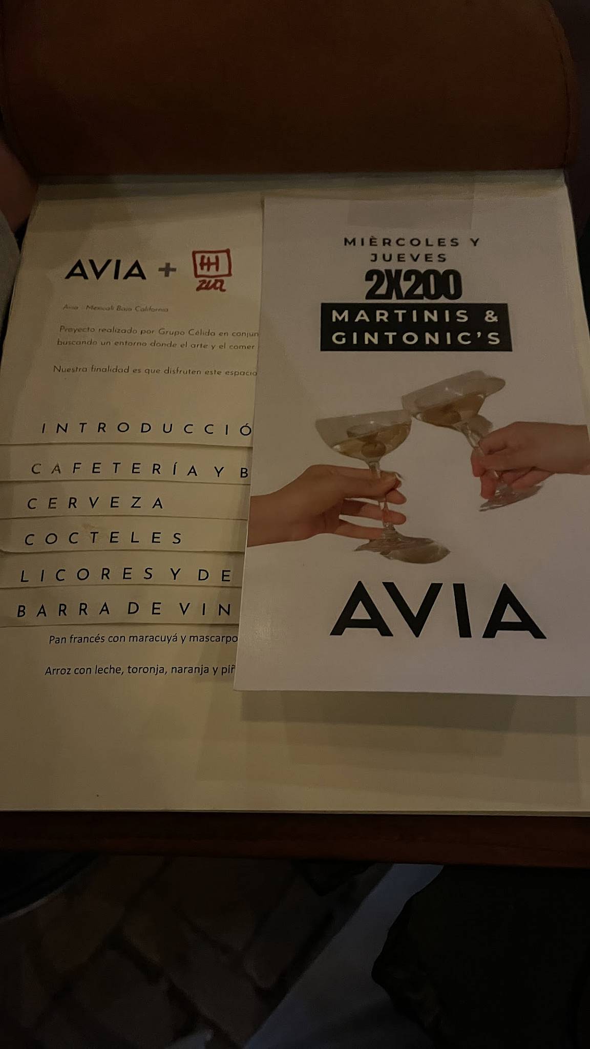 Menu at AVIA restaurant, Mexicali