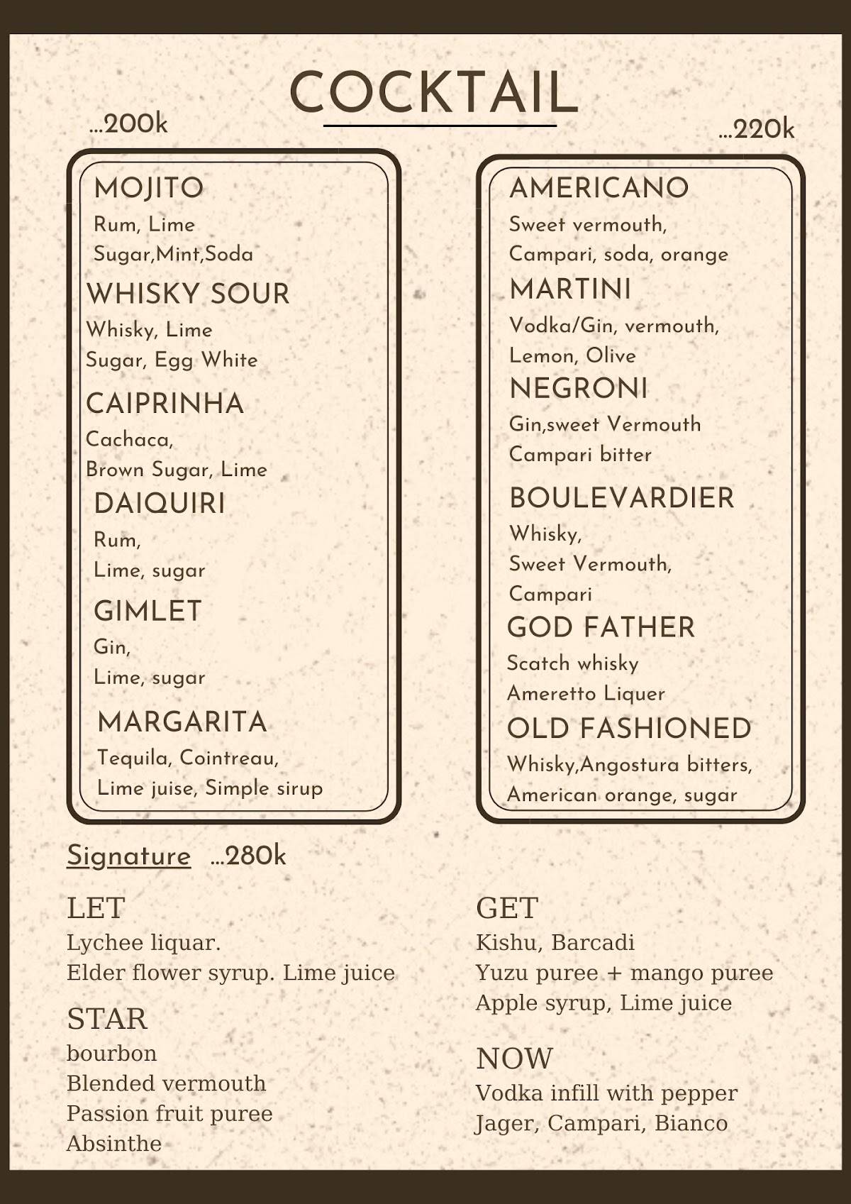 Menu at AYA Bar, Ho Chi Minh City