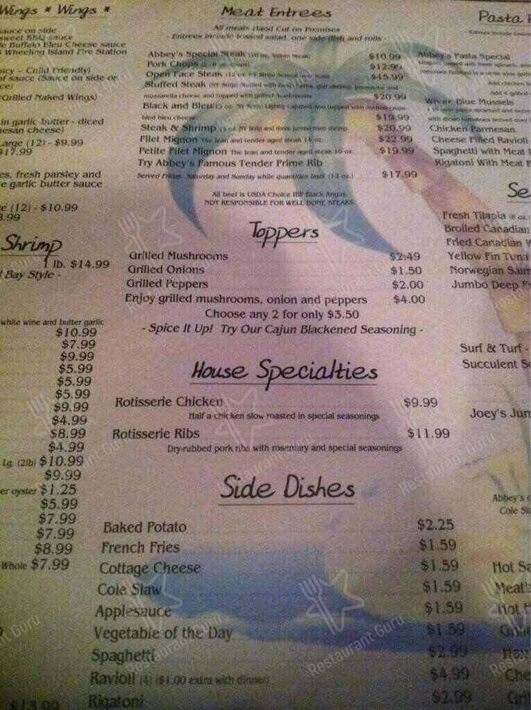 Menu at Abbey's Restaurant & Lounge, Wheeling