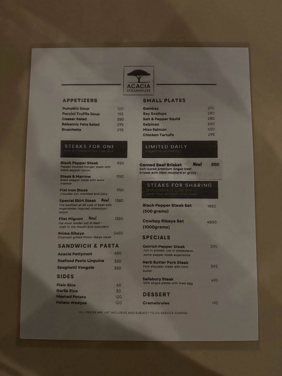 Menu at Acacia Steakhouse, Cebu City