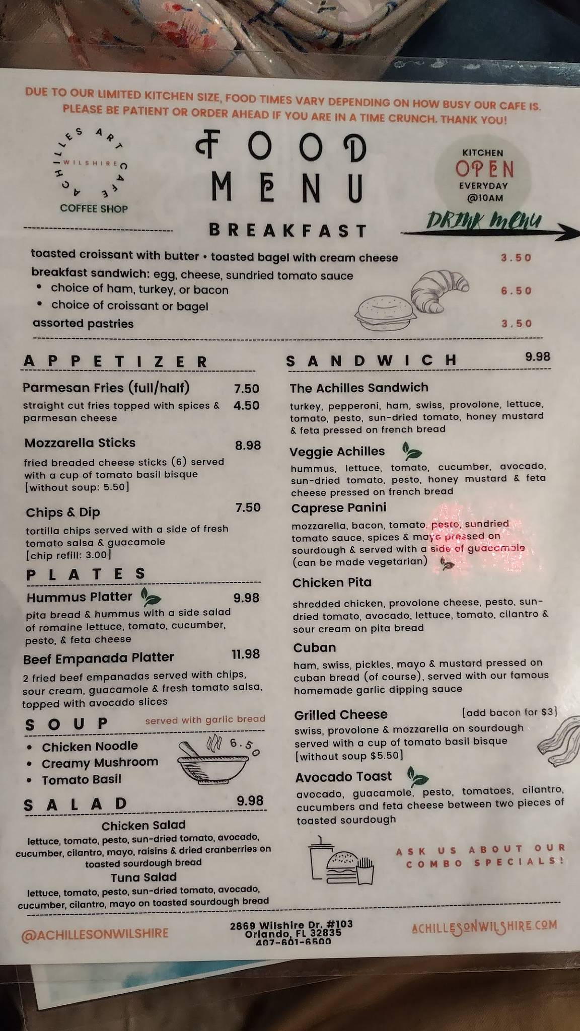 Menu at Arome Art Cafe, Orlando