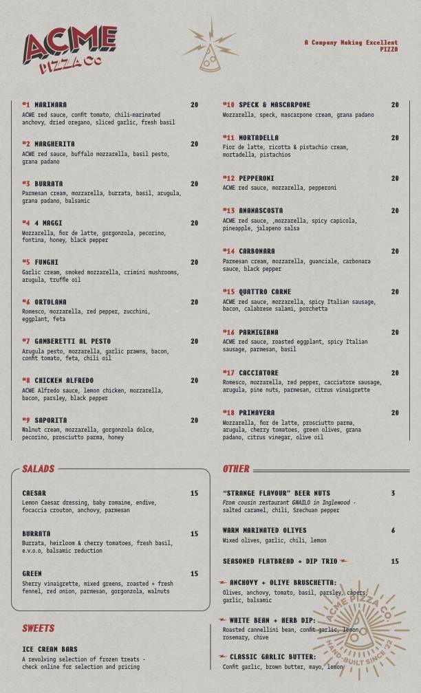 Menu at Acme Pizza Co. restaurant, Calgary