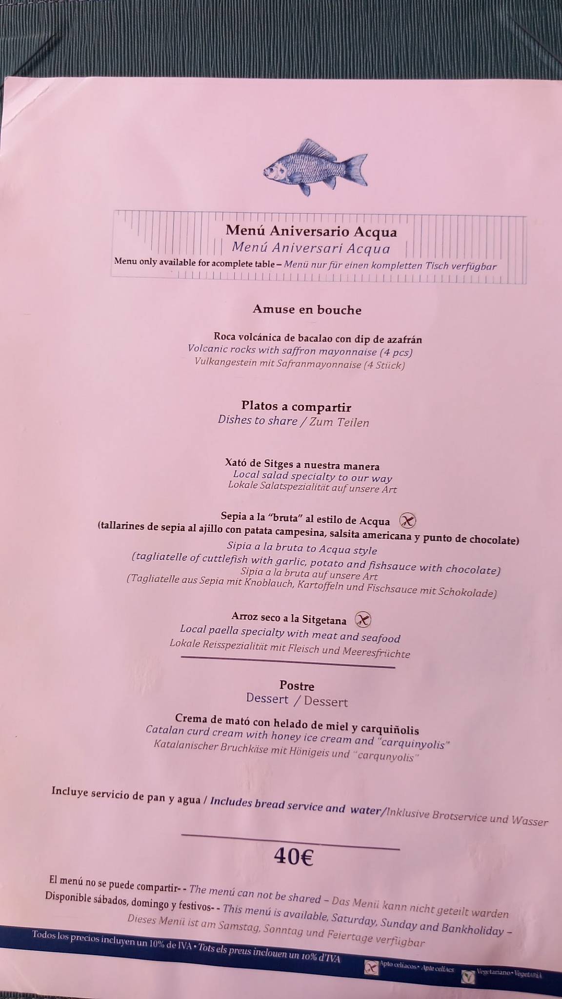 Carta del restaurante Acqua, Sitges