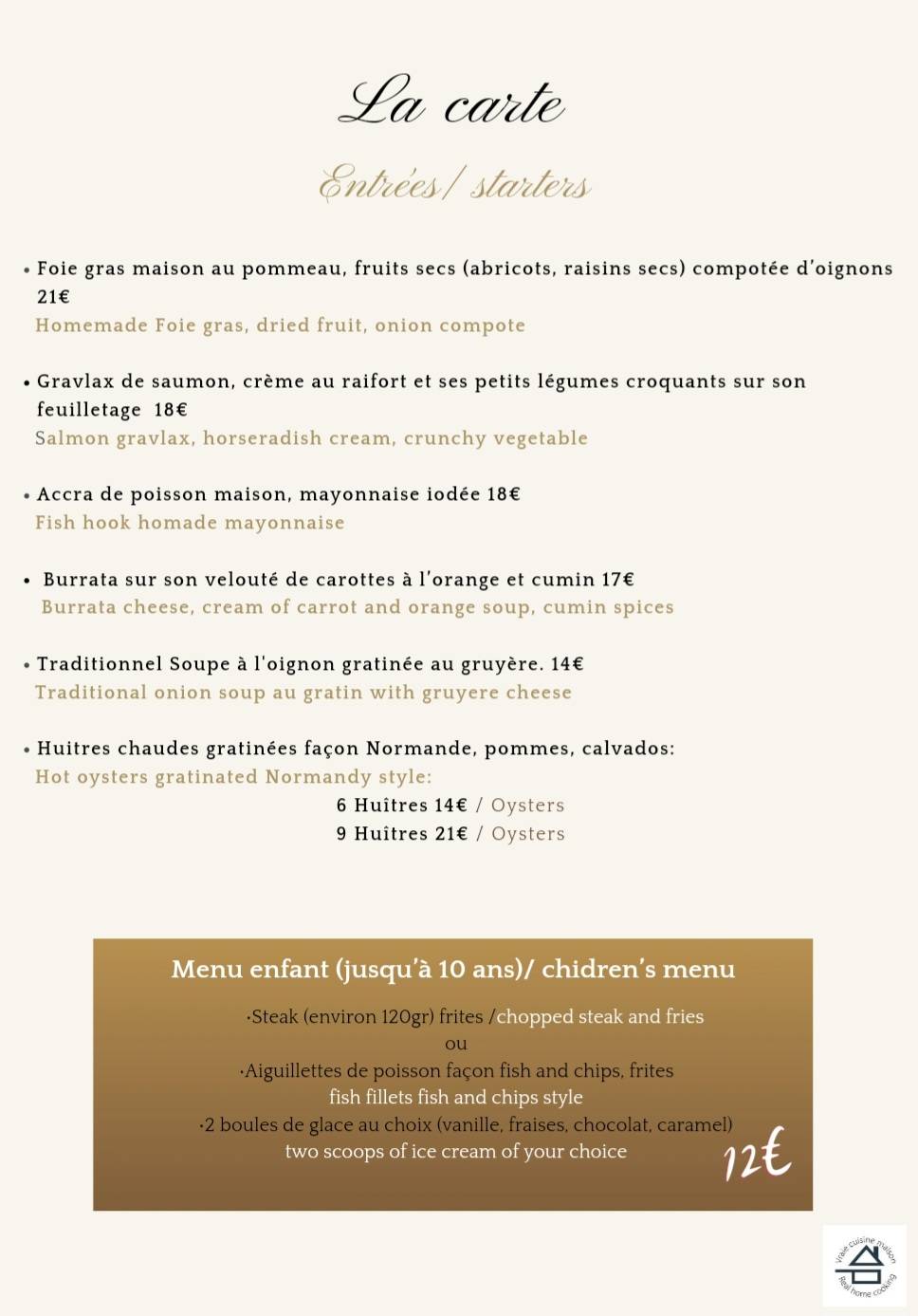 Menu au Acte 2 restaurant, Bayeux