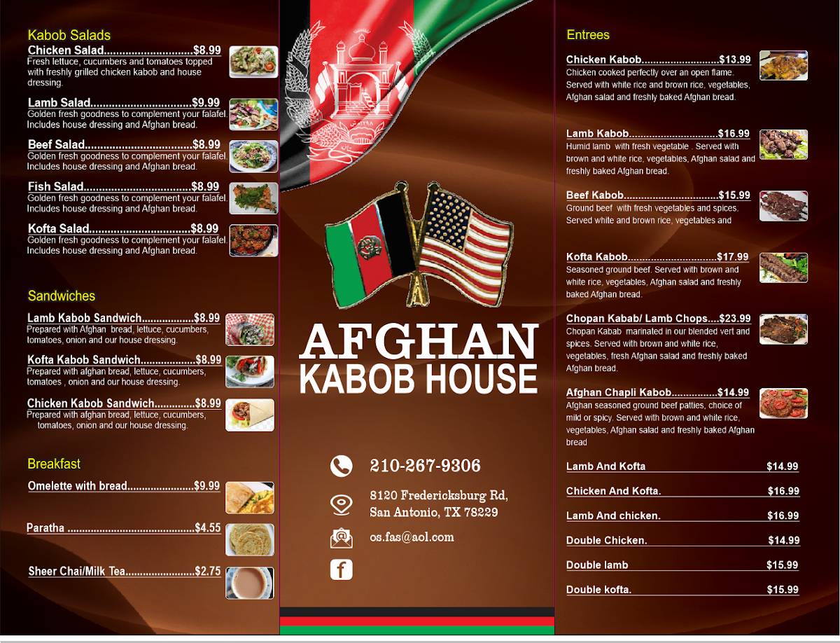 Menu at Afghan Kabab House restaurant, San Antonio