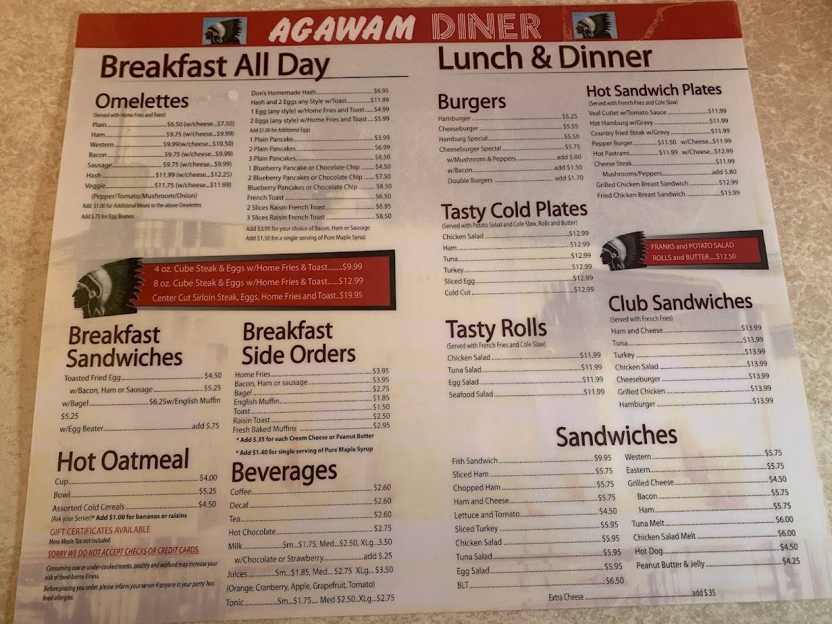 Menu at Agawam Diner restaurant, Rowley