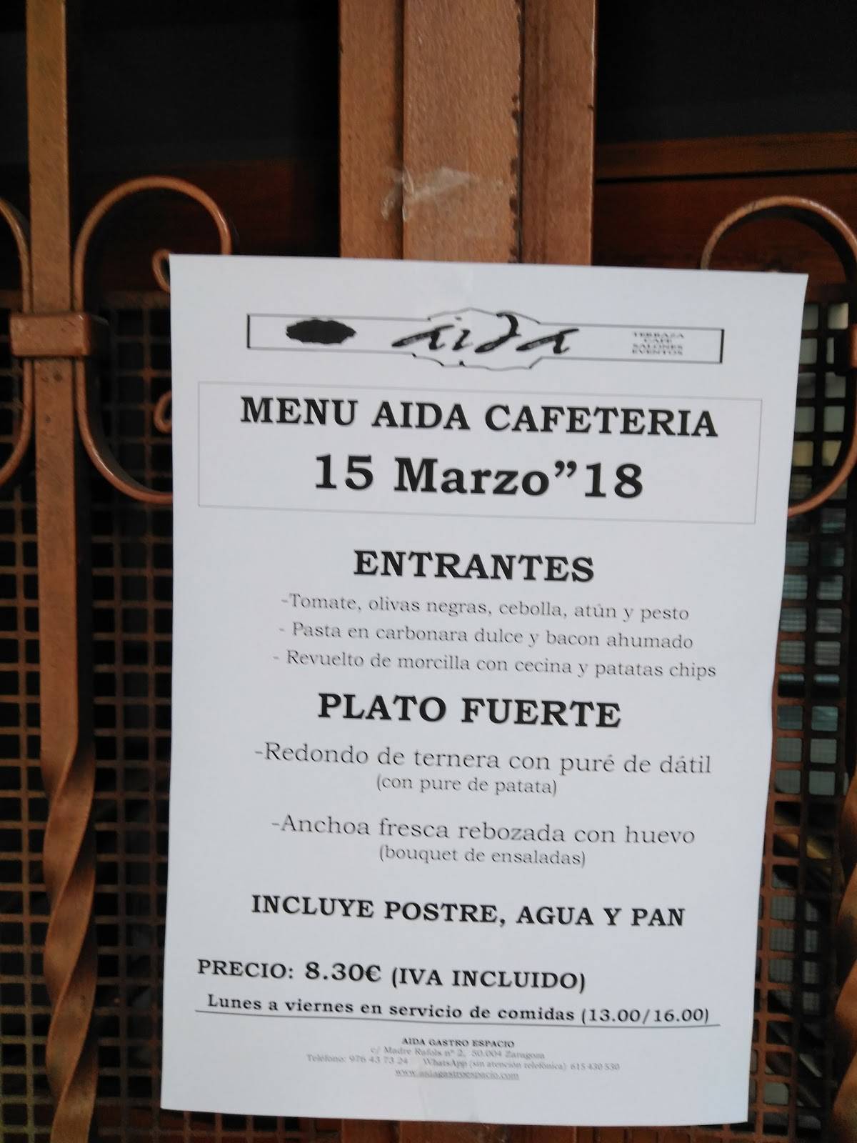 Carta del restaurante Aida GastroEspacio, Zaragoza