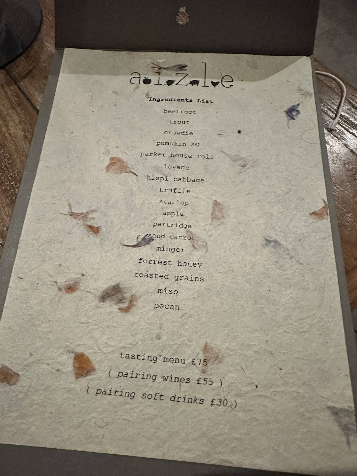 Menu at Aizle restaurant, Edinburgh, 38 Charlotte Square