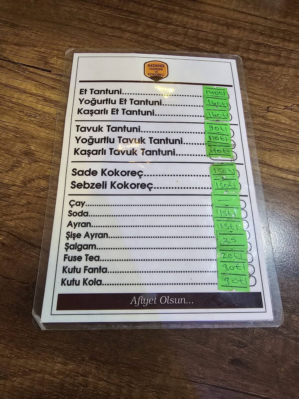 Menu at Akdeniz Tantuni, Van, Kazım Karabekir Caddesi Akdamar Oteli Altı