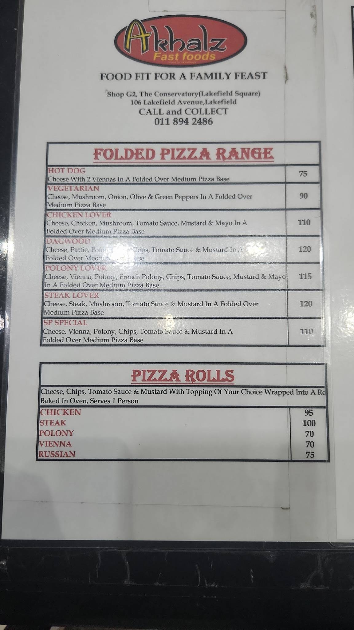 Menu at Akhalz Lakefield restaurant, Benoni