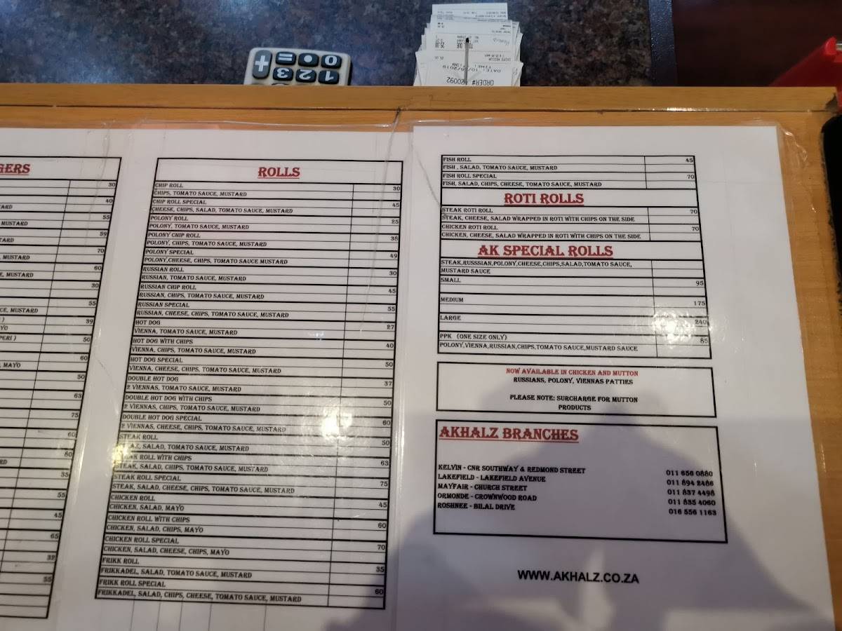 Menu at Akhalz Lakefield restaurant, Benoni