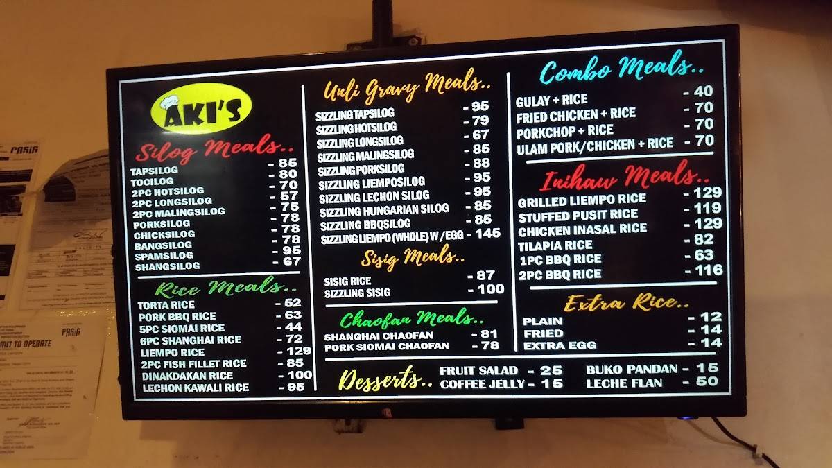 Menu at Aki's restaurant, Pasig