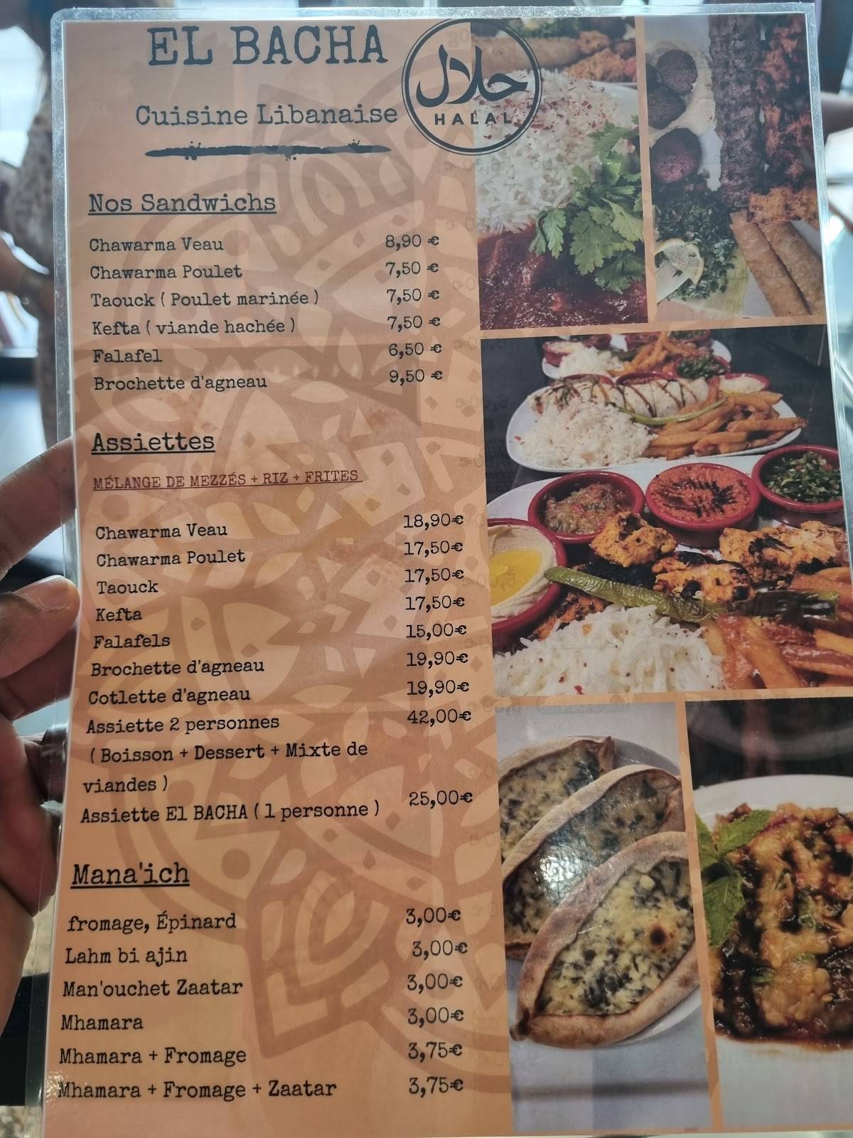 Menu at Al Bacha restaurant, Lyon