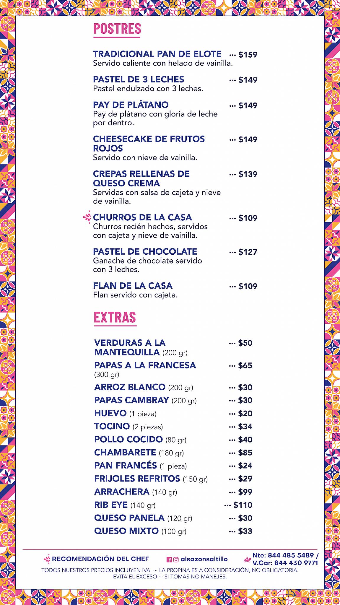 Carta del restaurante Al Sazón Mexicano, Saltillo