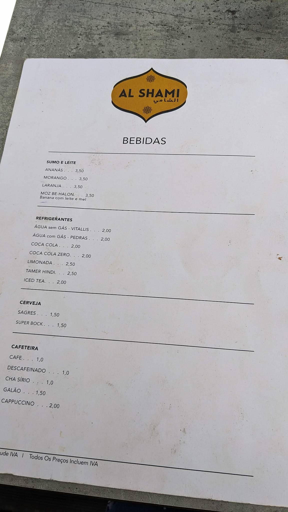 Menu at Al Shami restaurant, Lisbon