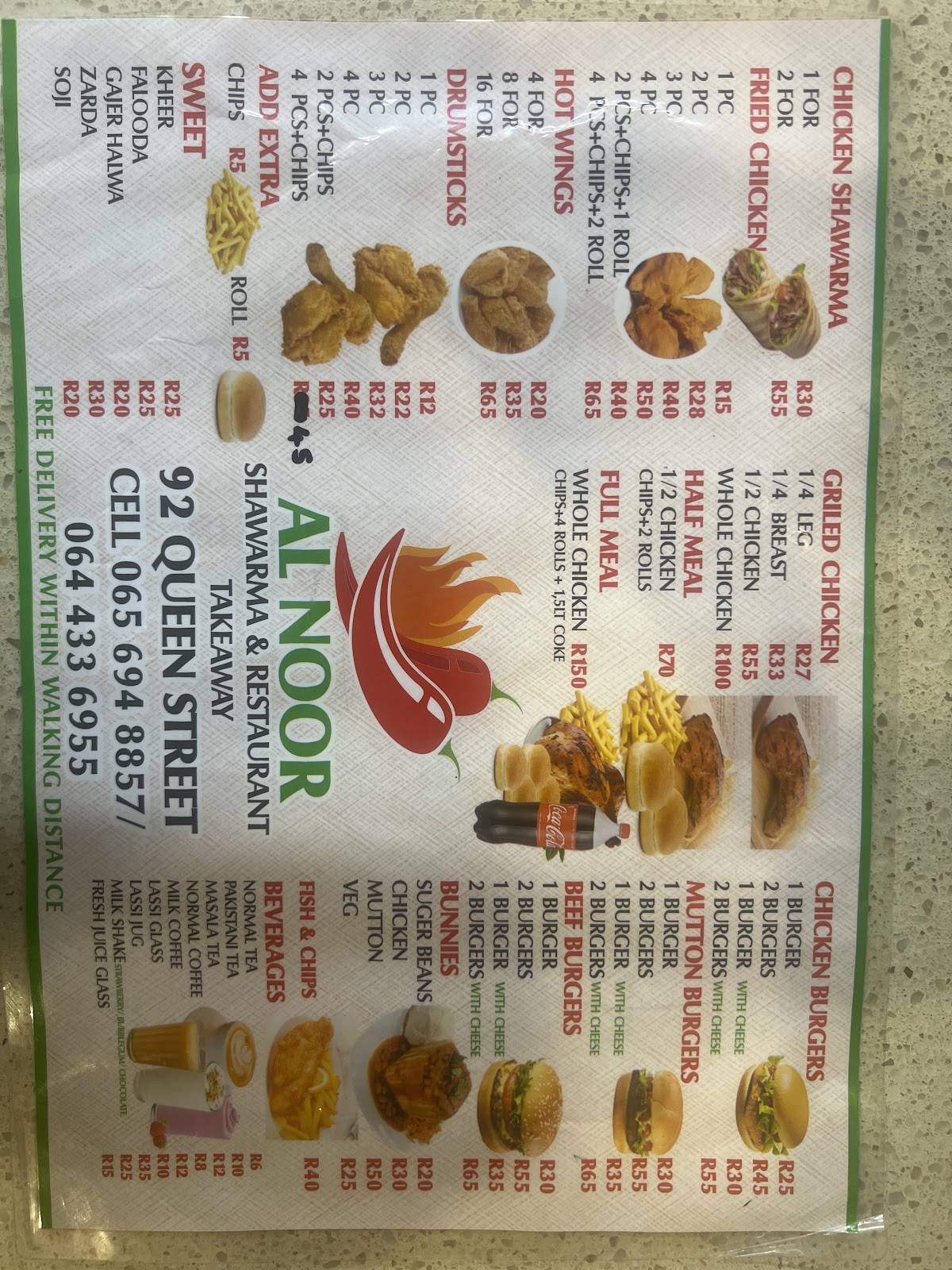 Menu at Al noor shawarma & takeaway, Durban
