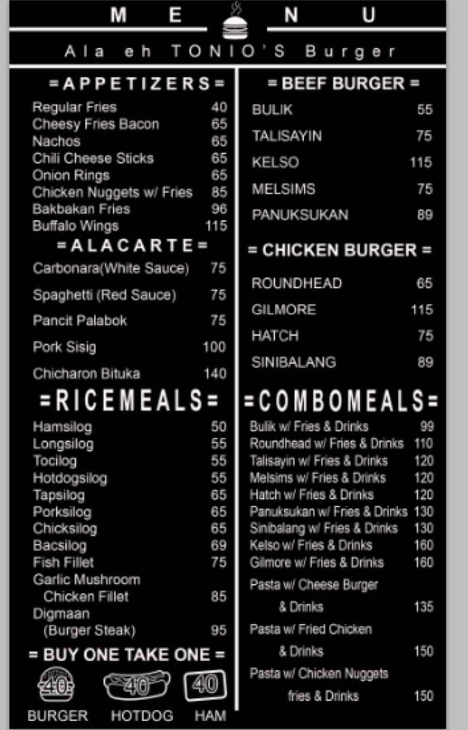Menu at Ala Eh Tonio's Burger, Sta Cruz Laguna Branch restaurant, Santa ...