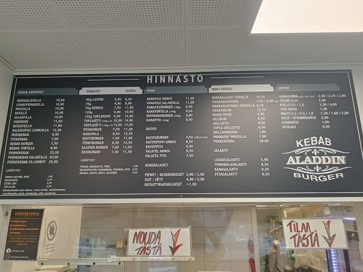 Menu at Aladdin Kebab restaurant, Kemi