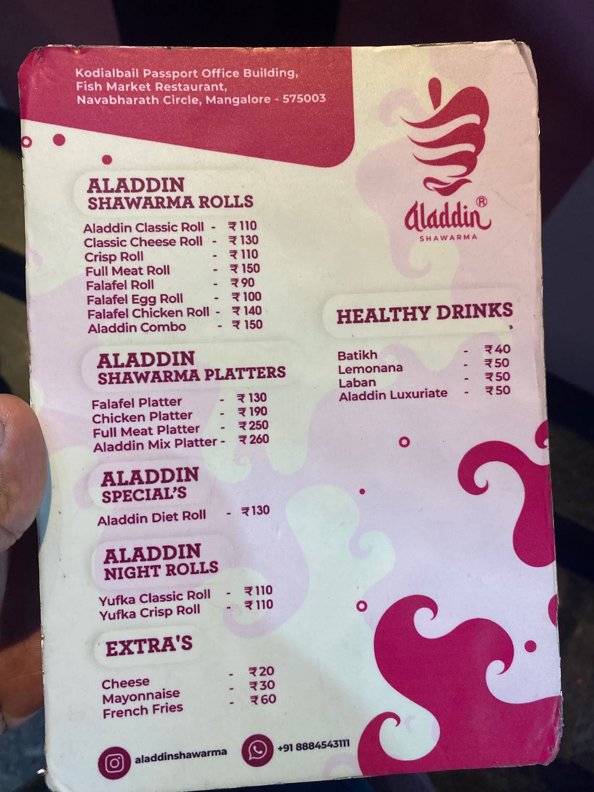 Menu at Aladdin shawarma, Mangaluru, Fish market restaurant