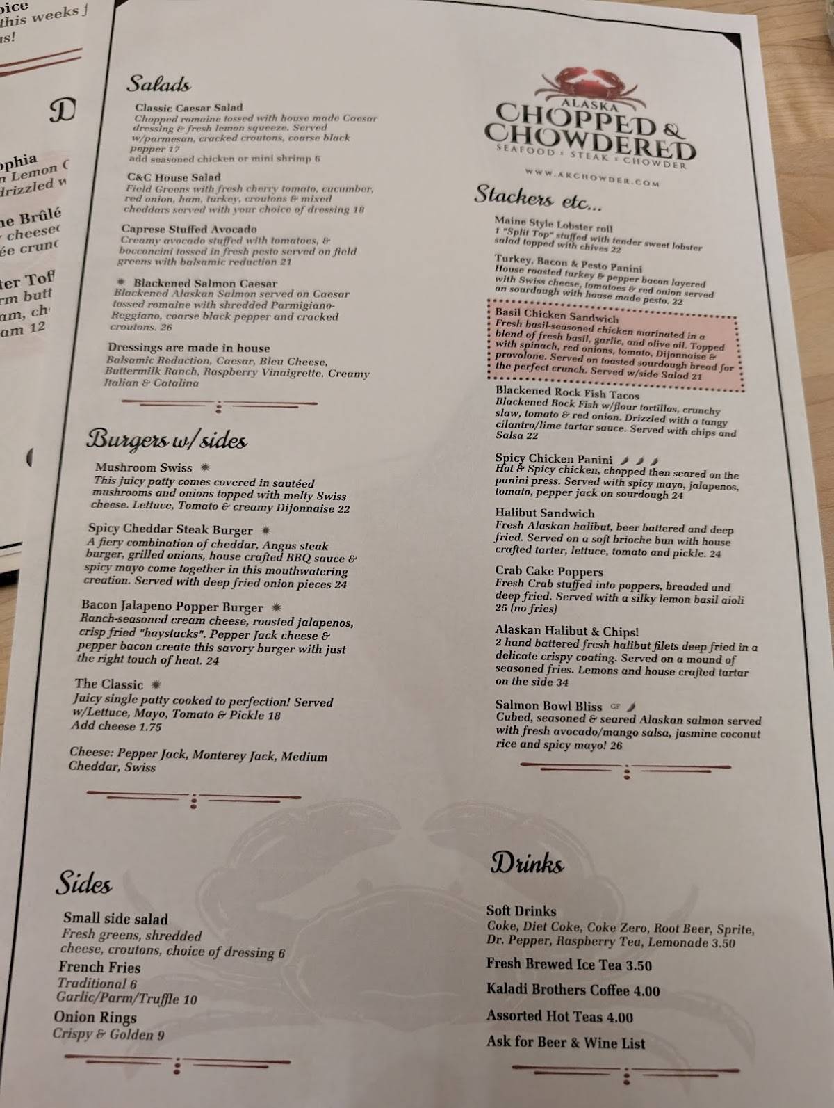 Menu at Alaska Chopped and Chowdered steakhouse, Anchorage