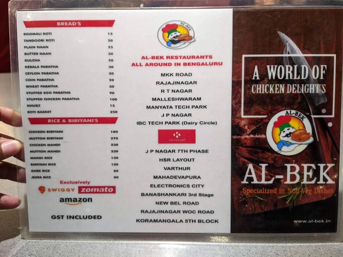 Menu at Albek restaurant, Bengaluru
