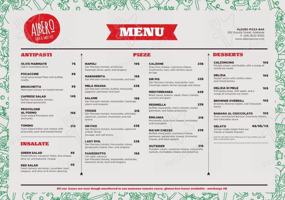 Menu at Albero Pizza Bar, Adelaide