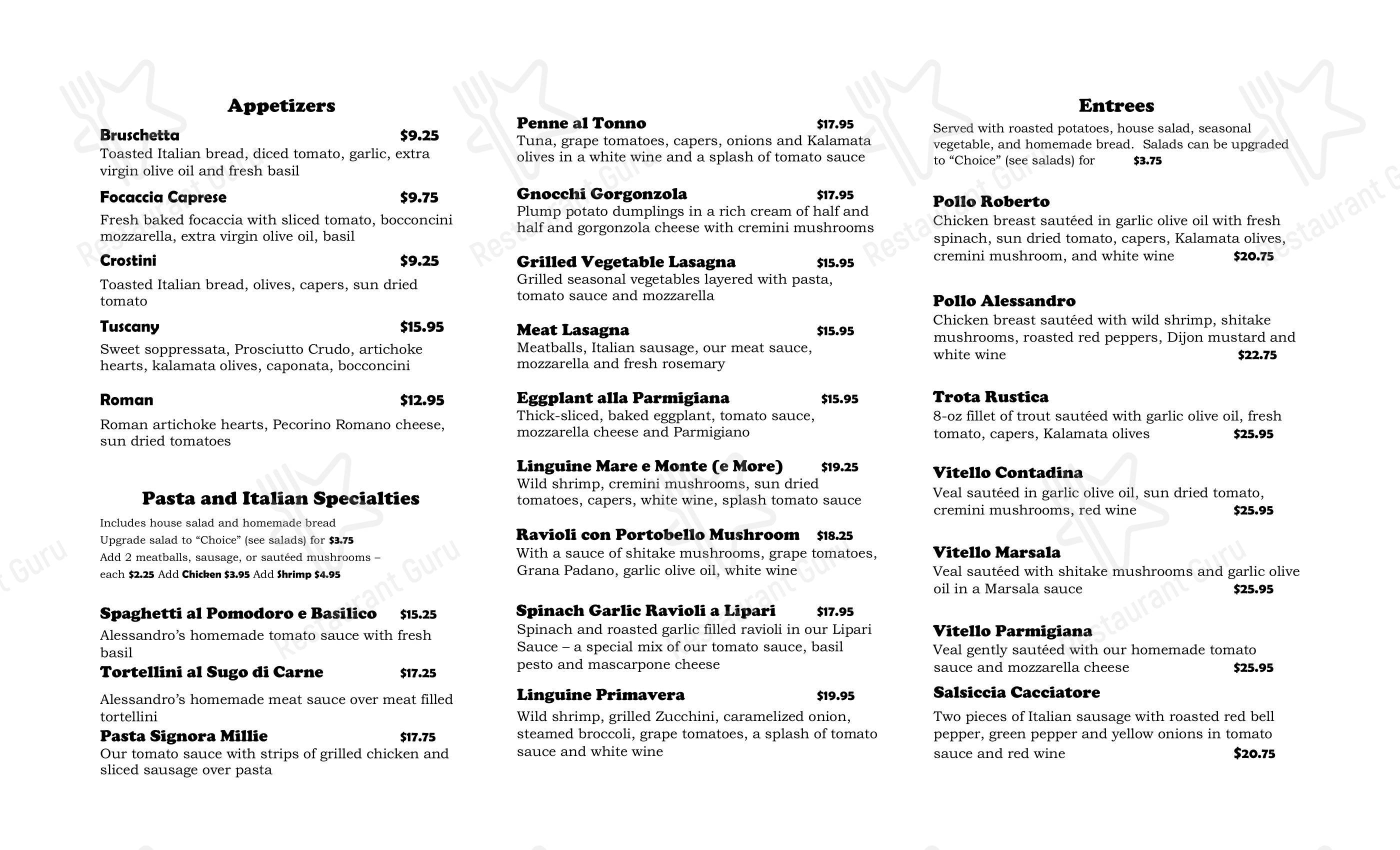 Menu at Alessandro's restaurant, Geneva-on-the-Lake