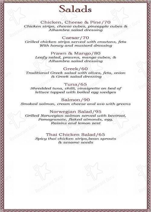 Menu at Alhambra Restaurant, Cape Town