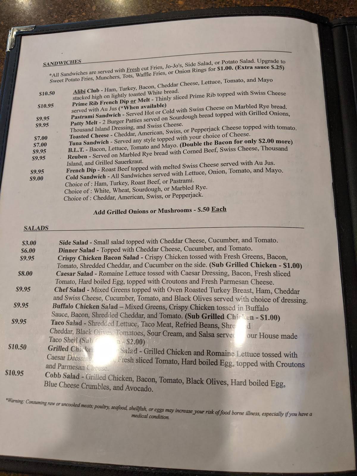 Menu at Alibi Bar & Grill, Salem, 590 Taggart Dr