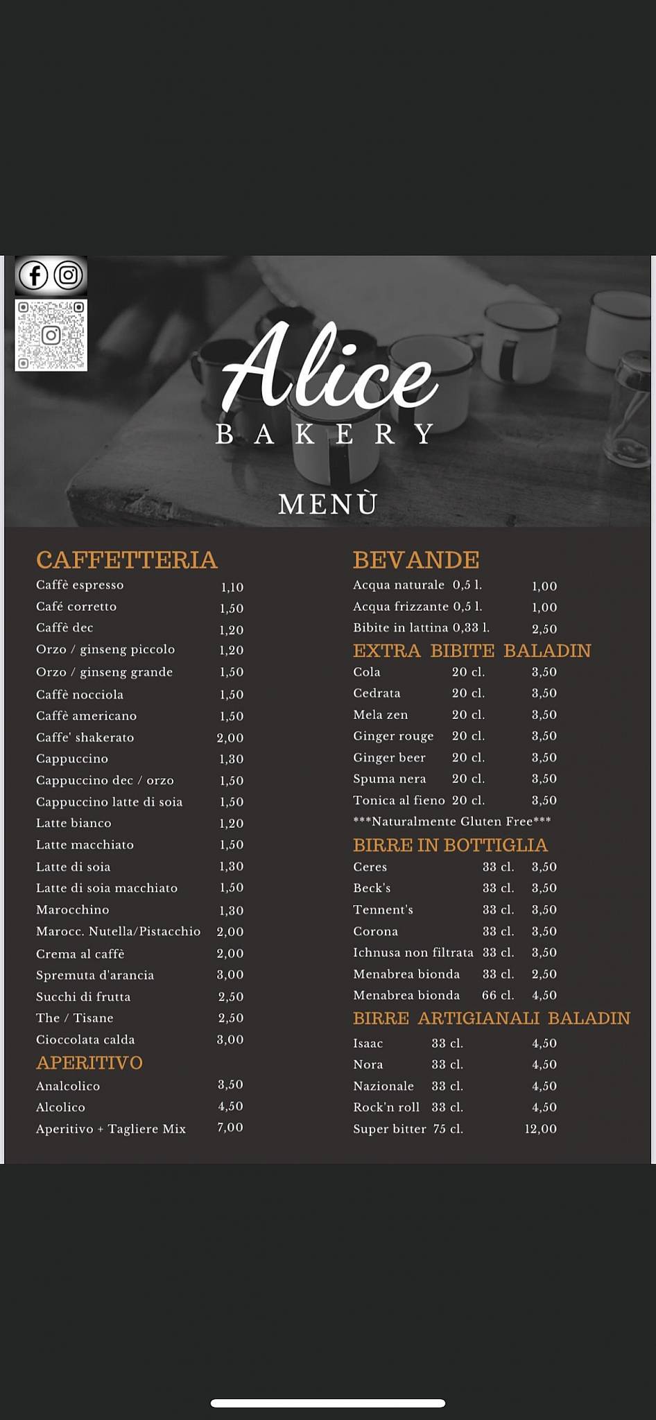 Menu au Alice Bakery, Saluggia