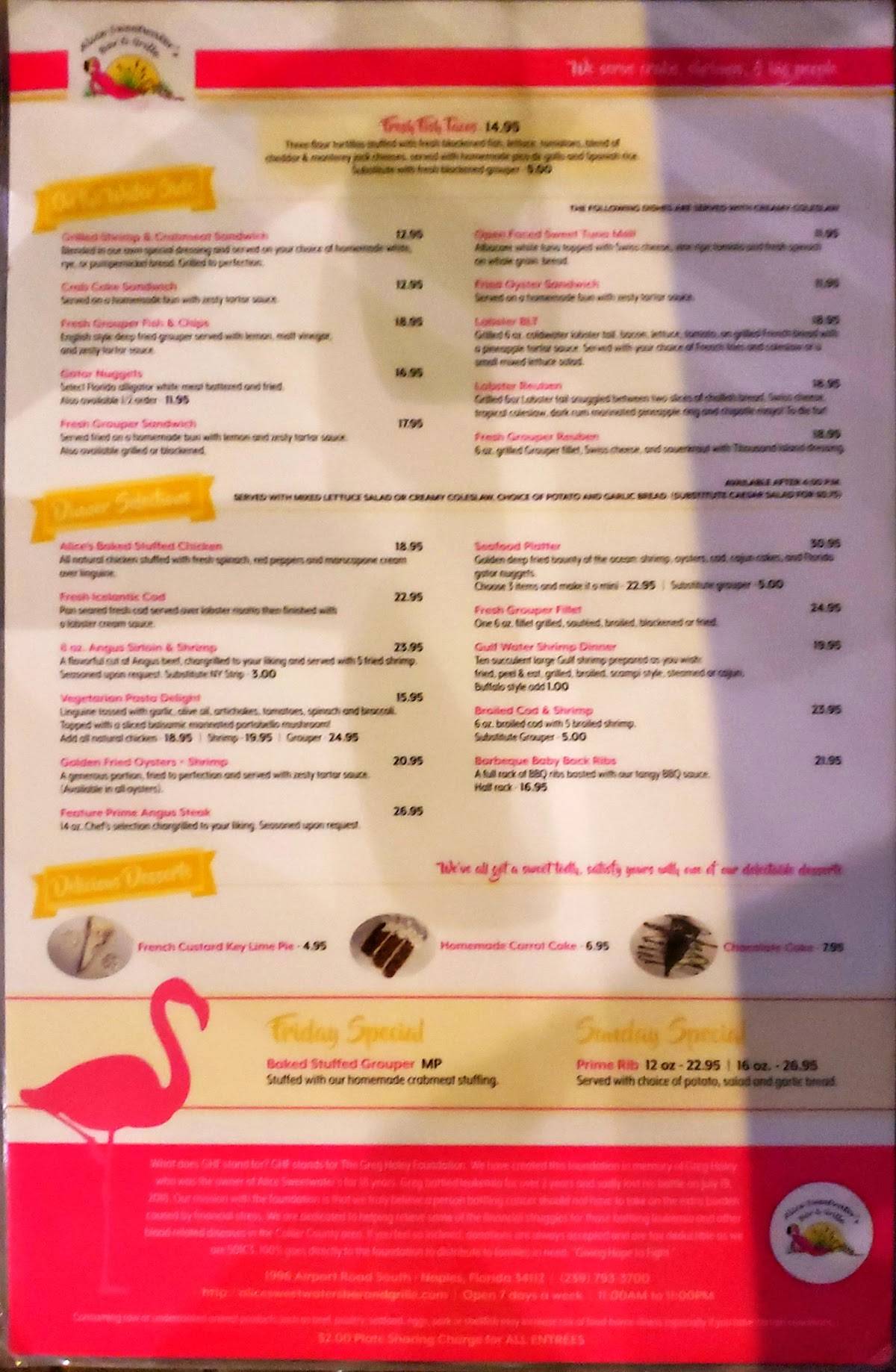 Menu at Alice Sweetwater's Bar & Grille, Naples