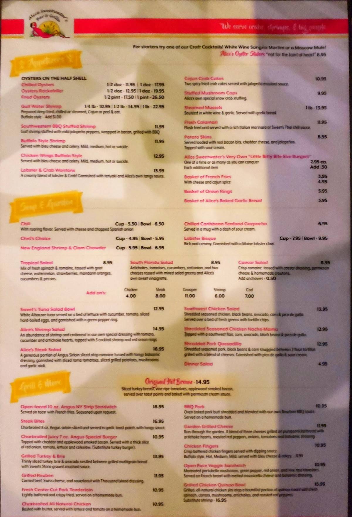 Menu at Alice Sweetwater's Bar & Grille, Naples