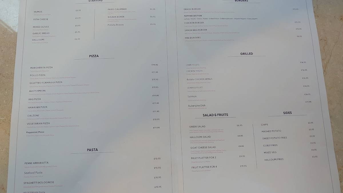 Menu at Alicis restaurant, London