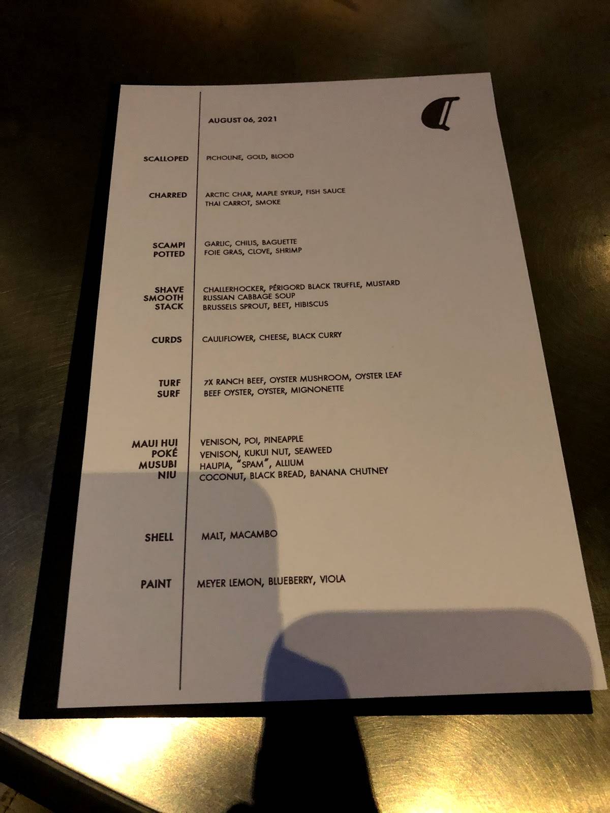 Menu at Alinea restaurant, Chicago, N Halsted St