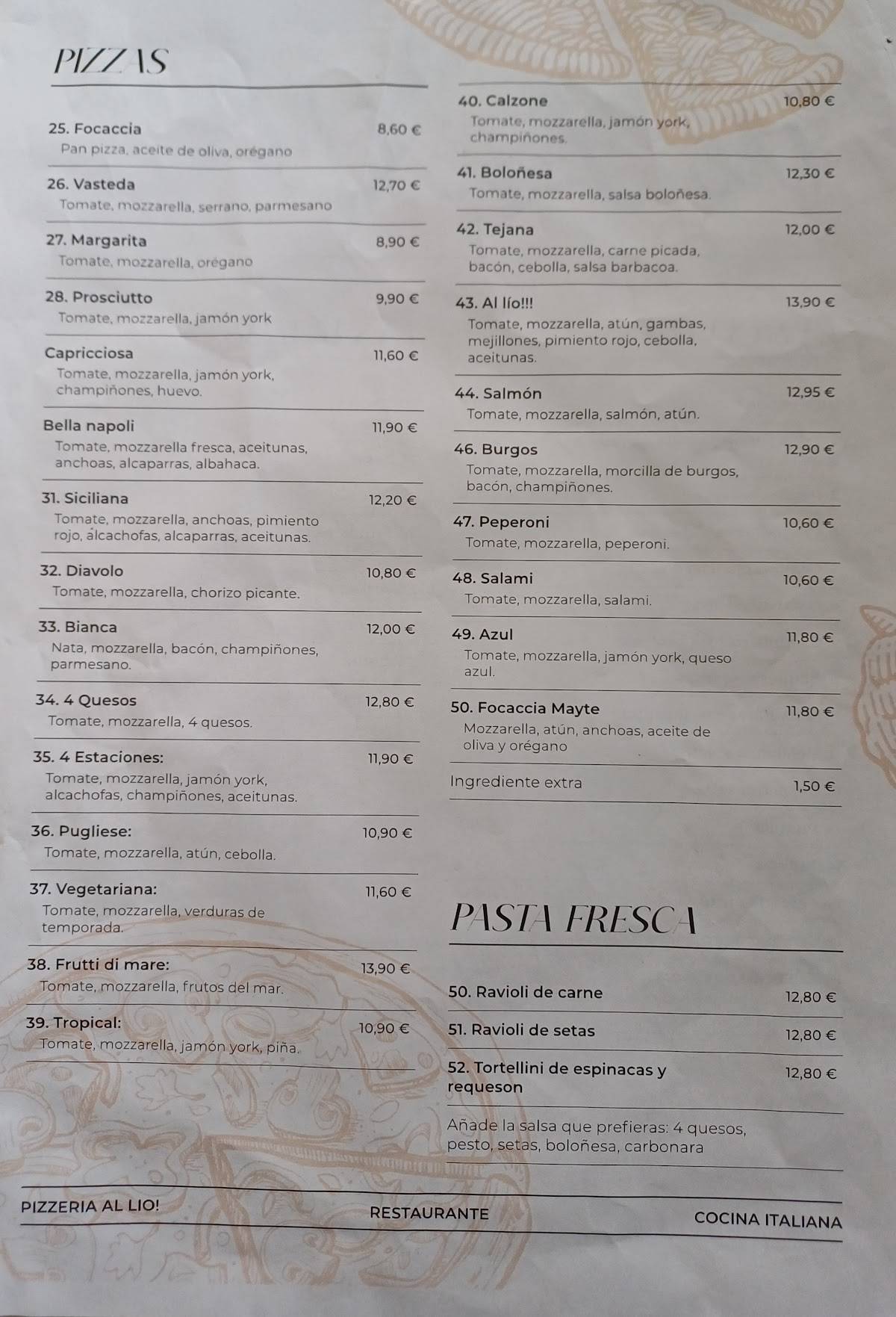 Carta del restaurante Alío Italy, Alcocéber