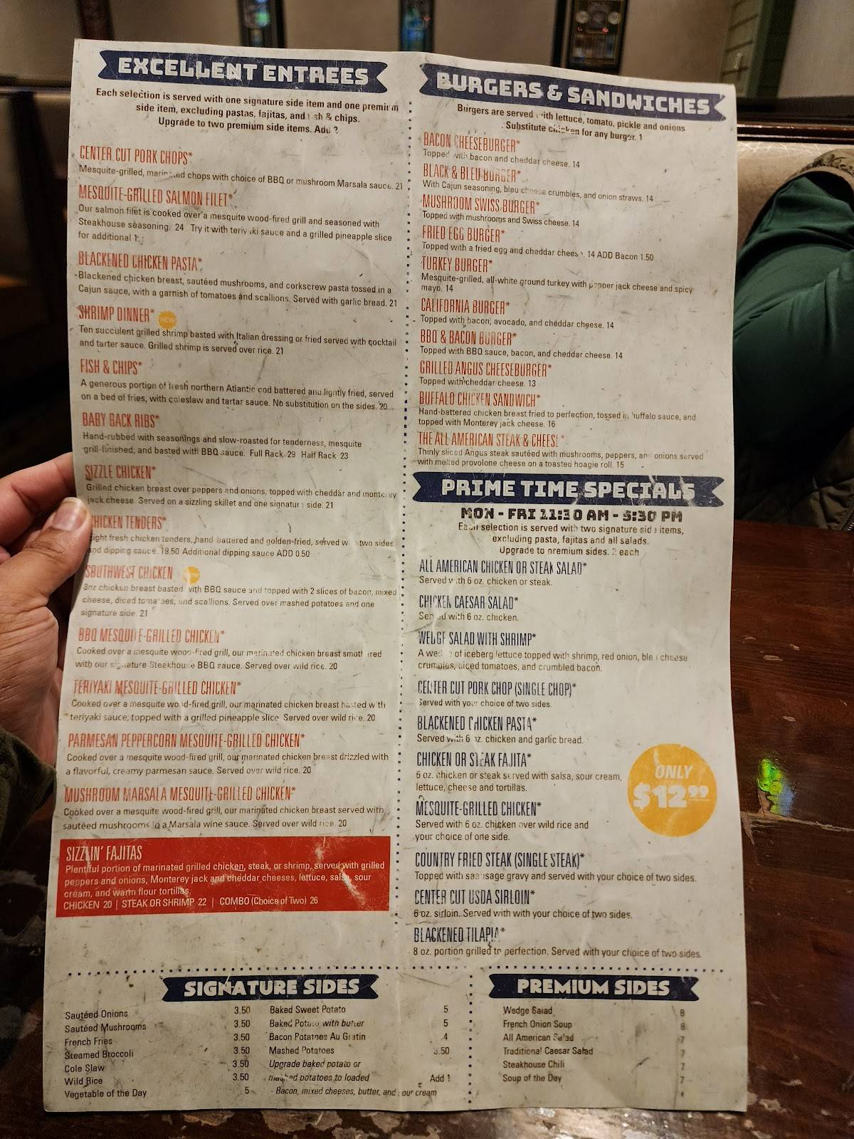 Menu at All American Steakhouse, USA