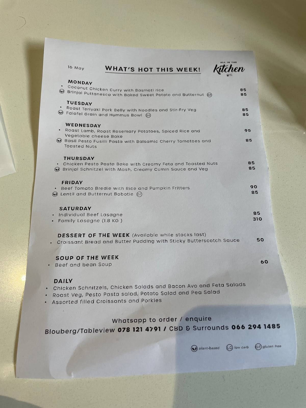 Menu at All in the Kitchen Deli cafe, Cape Town