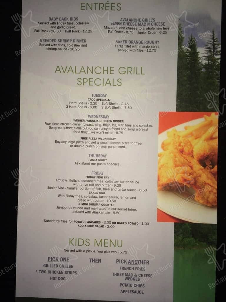 Menu at Alpine Lanes and Avalanche Grill pub & bar, Muskego