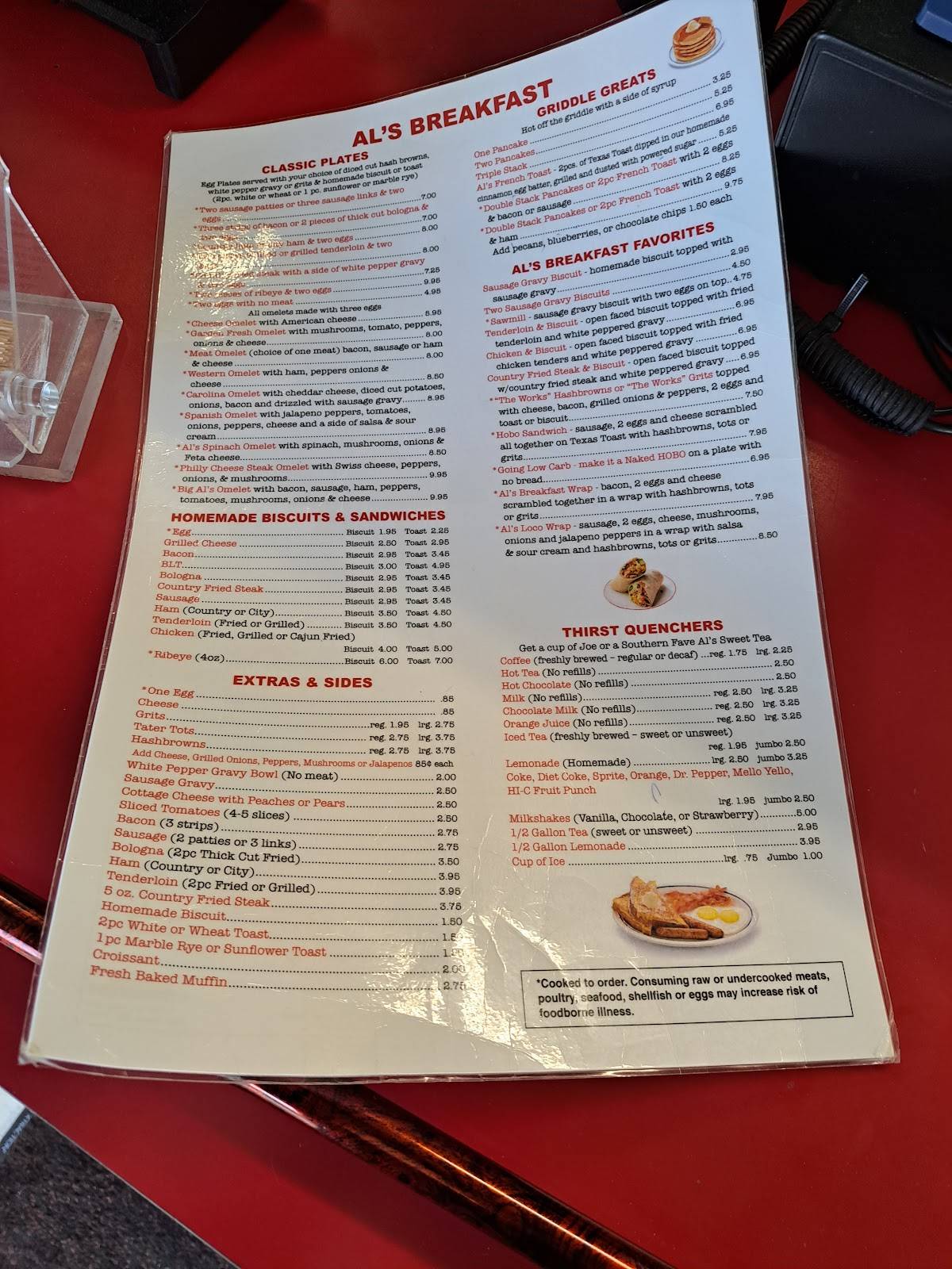 Menu at Al's Diner restaurant, Pittsboro