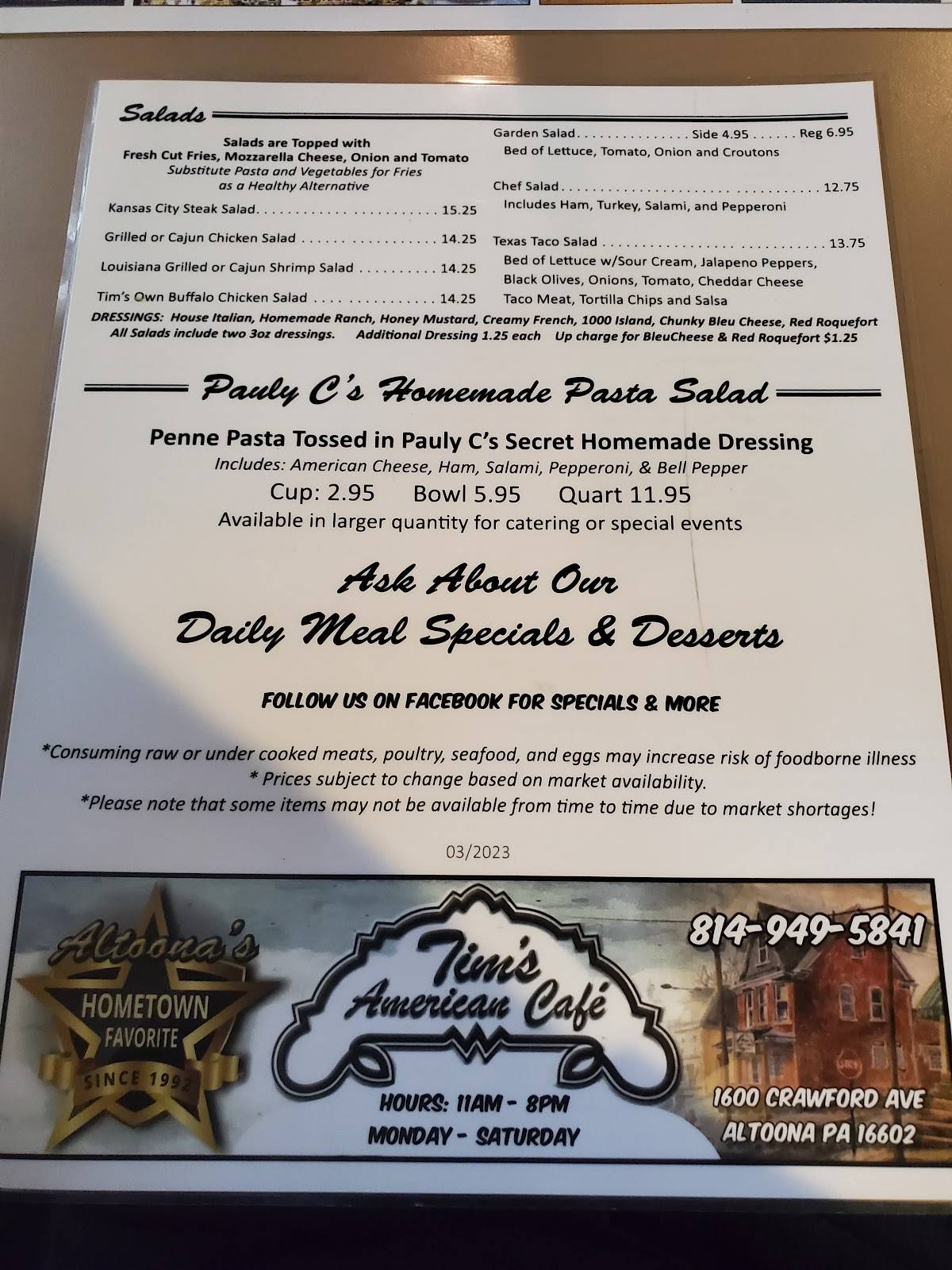 Menu at Tim's American Cafe, Altoona