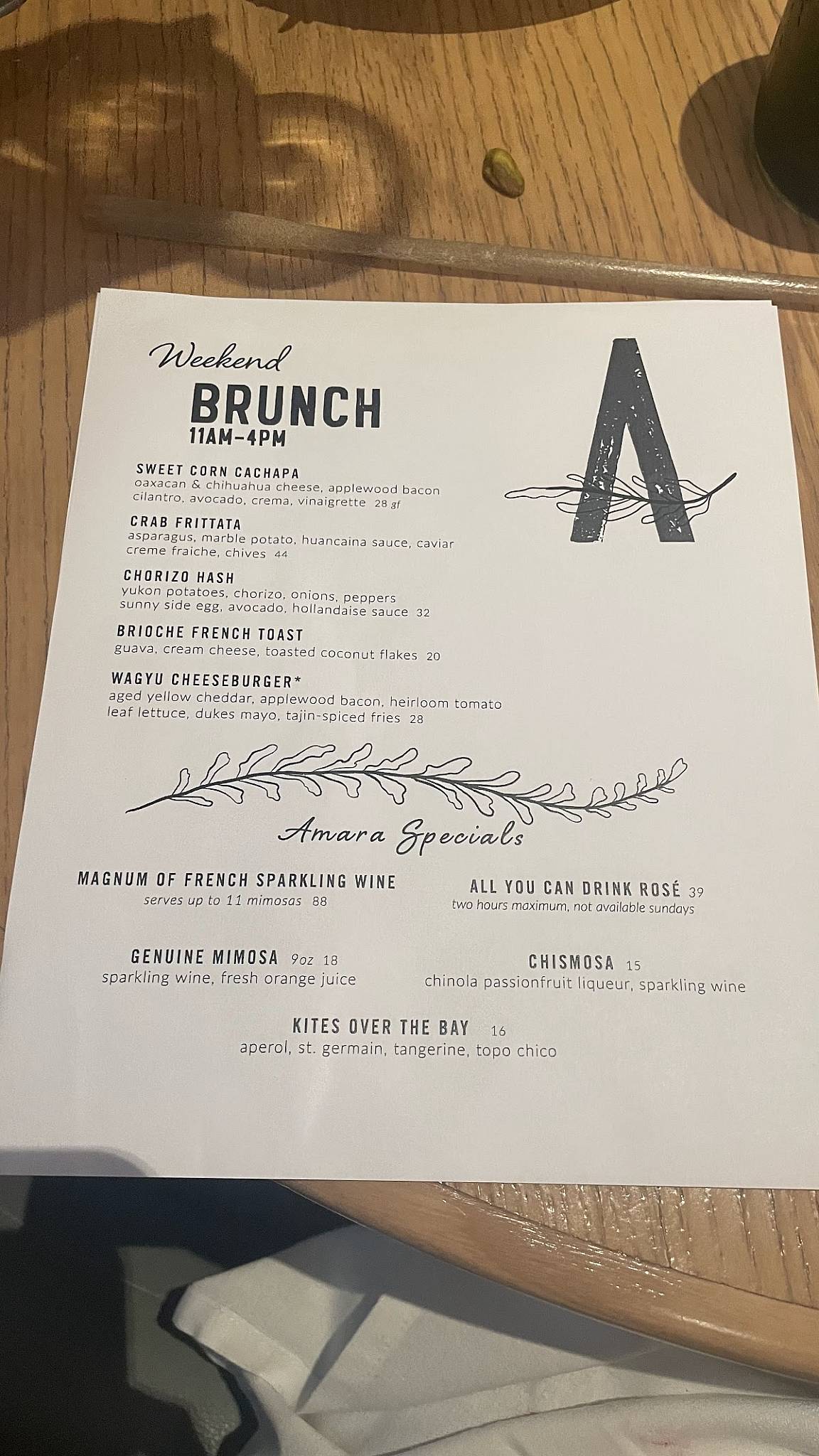 Menu at Amara at Paraiso pub & bar, Miami