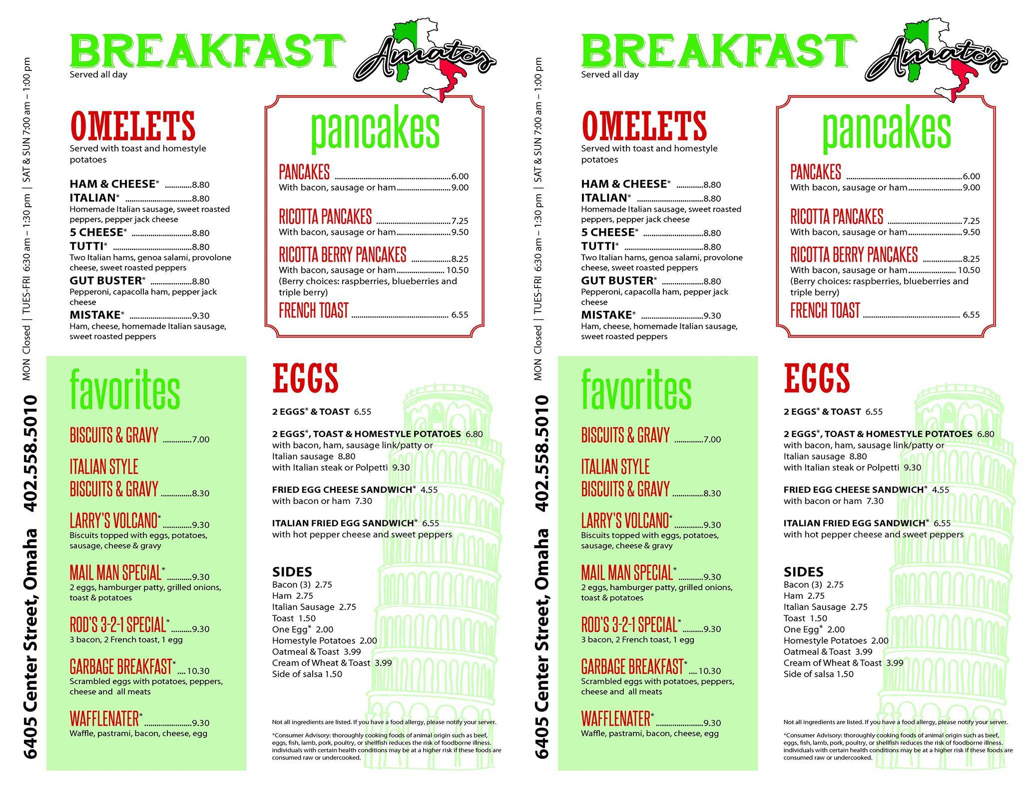 Menu at Amato's Cafe & Catering, Omaha