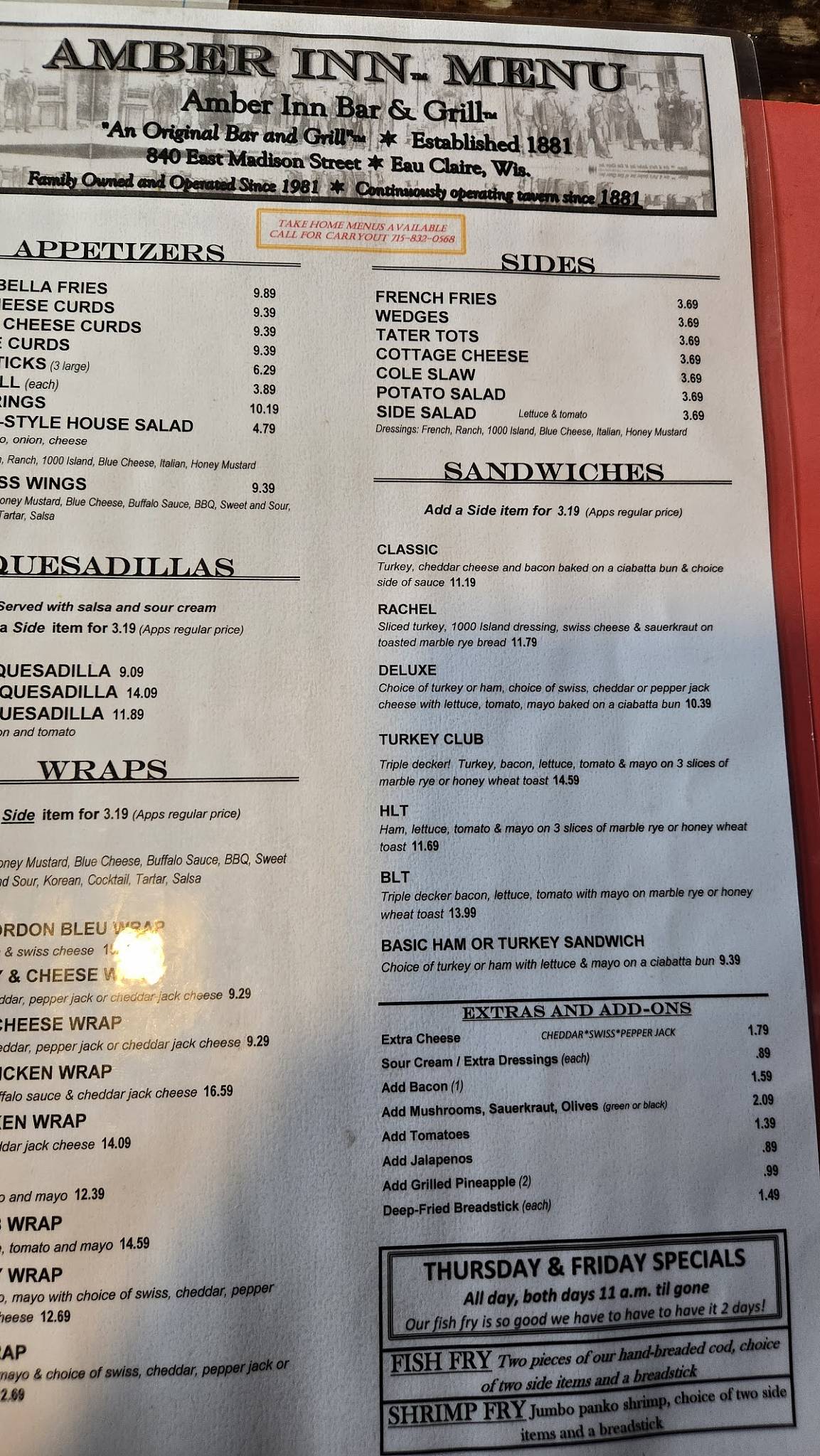 Menu at Amber Inn Bar & Grill, Eau Claire