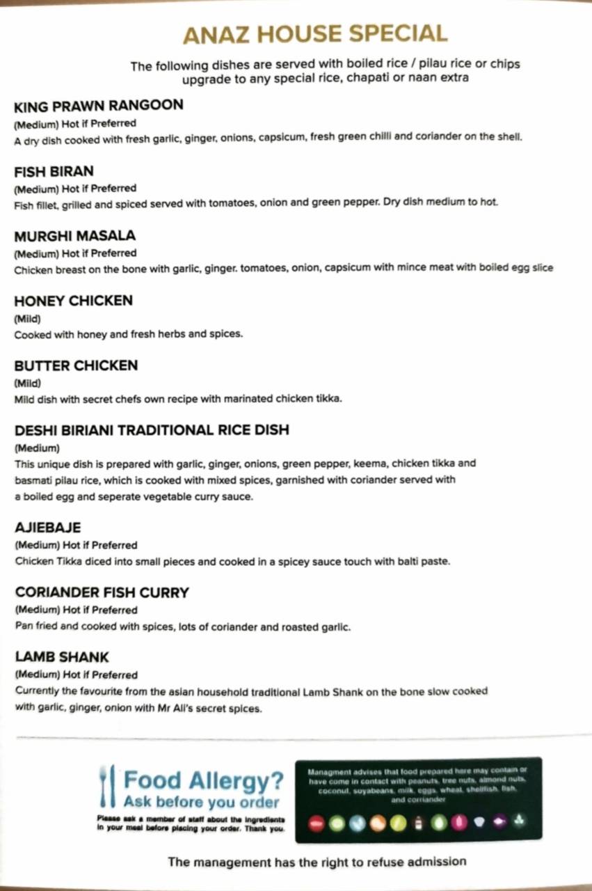 Menu at Anaz restaurant, Darwen, 110